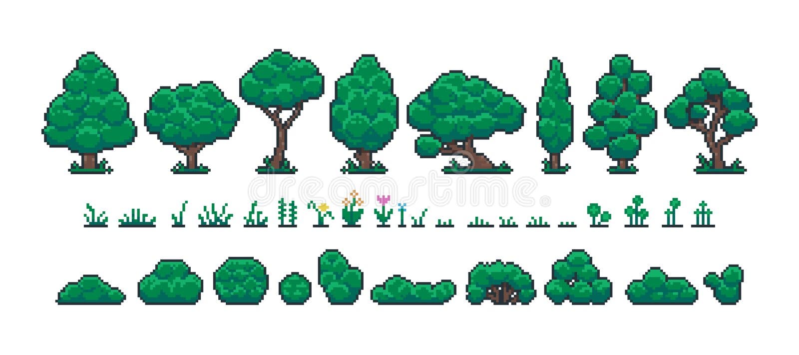 Pixel Tree Trunk. Retro 8 Bit Video Game Sprite Asset, Green Trees Old ...