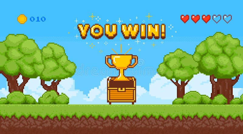 Pixel Game Art Scene with Chest. Retro 8 Bit Win Background Stock ...