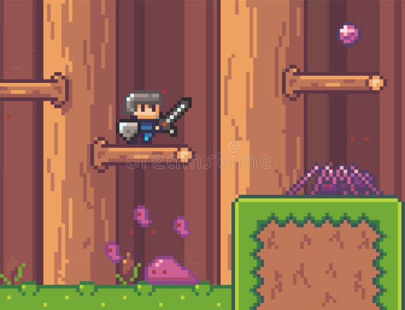 Pixel Game Interface, Characters, Man in Wood with Monsters, Spider and ...