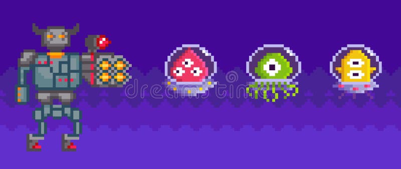Pixel Game Interface Layout Design. Angry Iron Pixelated Monster with ...