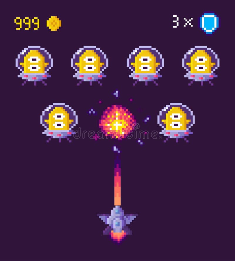 Pixel Game Space Graphics 8 Bit Aliens Spacecraft Stock Vector ...