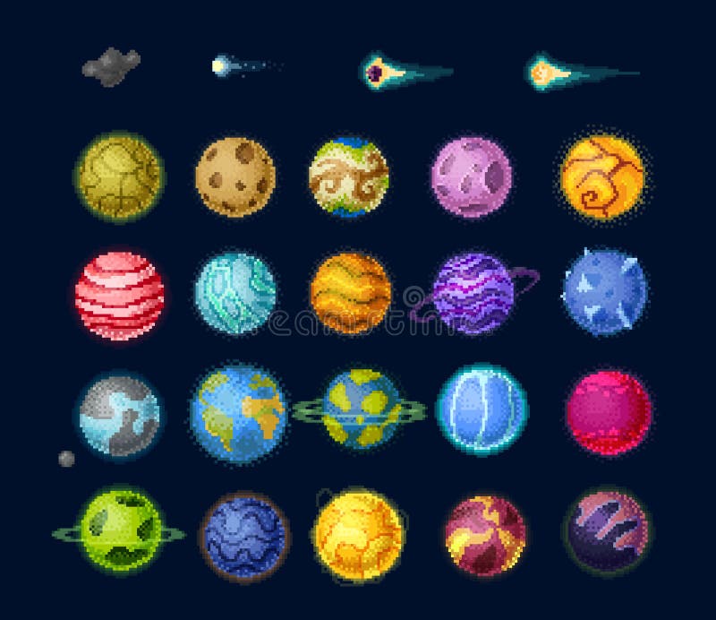 8bit Pixel Art Game Asset, Space Planets, Rockets Stock Vector ...