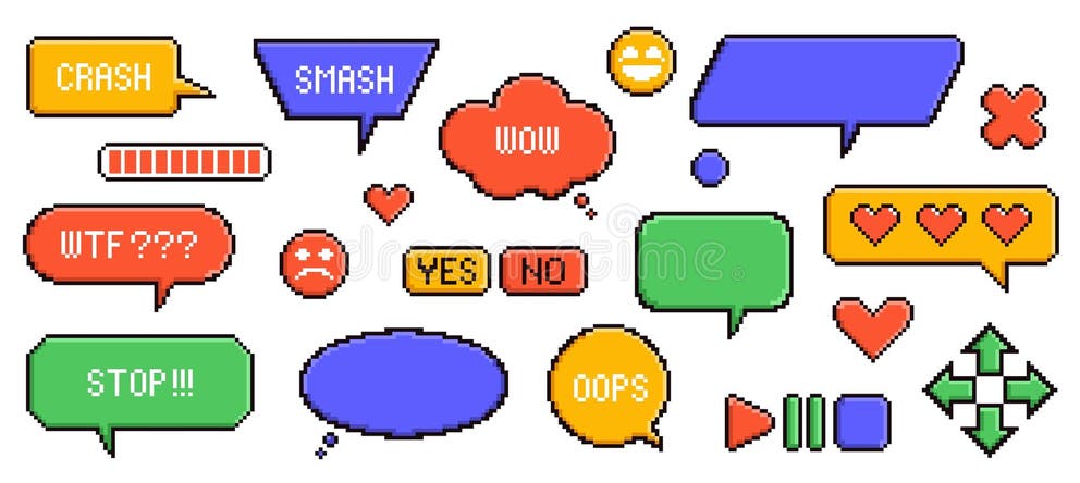 Pixel Game Speech Bubbles. Retro Computer Graphic, 8 Bit Game Design ...