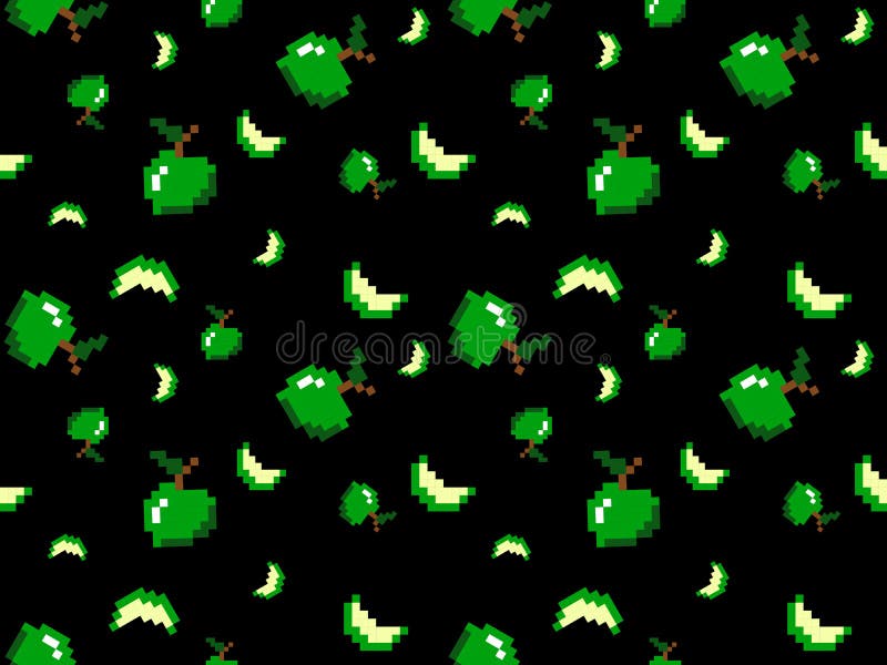 Green Apple Cartoon Character Seamless Pattern on Black Background ...