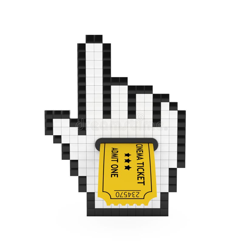Pixel Hand Cursor Icon with Yellow Cinema Ticket. 3d Rendering Stock ...