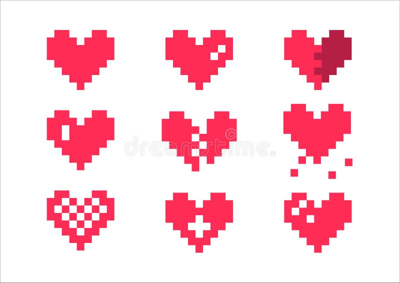 Pixel Heart Red Set 8 Bit for Poster Pattern, Print, Design, Elements ...