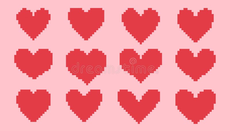 Pixel Heart Set Different Shapes. Red 8 Bit Hearts on Pink Background ...