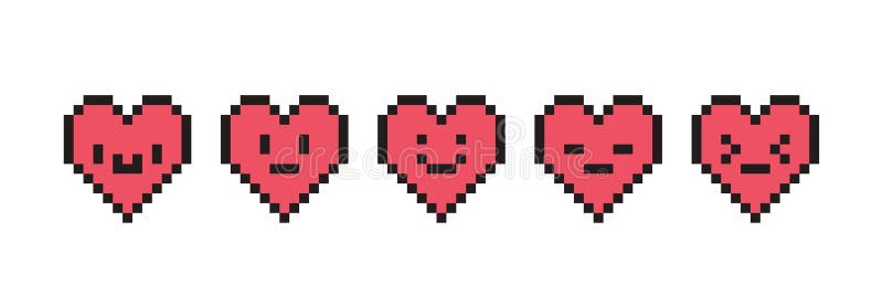 Pixel Heart Set with Faces in Retro Style. Vintage Love Symbol, 8 Bit ...