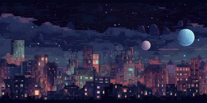 Pixel Illustration of Night Modern City with Moon Stock Illustration ...