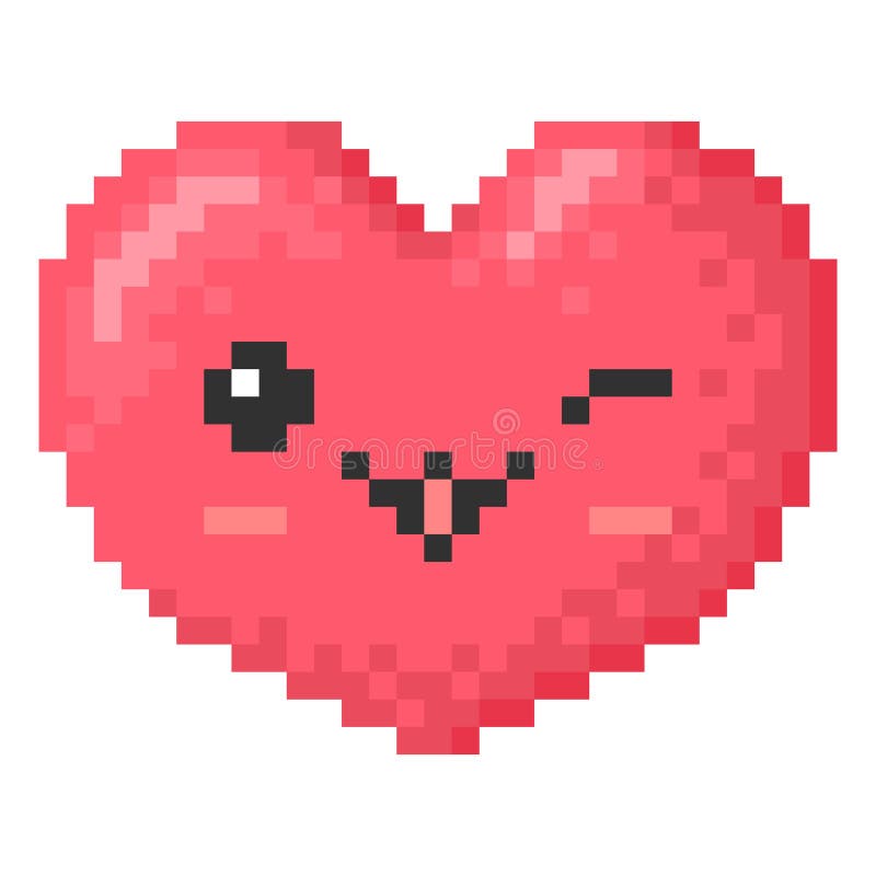 Pixel Kawaii Heart Icon, Pink, Winking, 8 Bit. Cute Character with ...