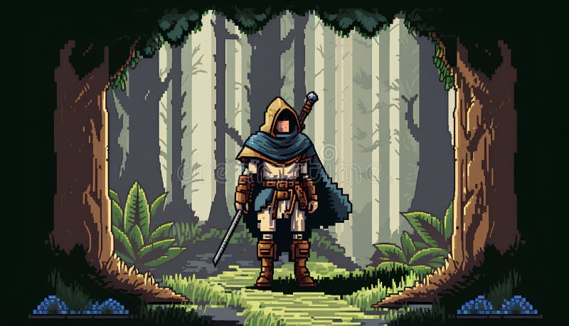 Pixel Knight in the Forest with a Sword in His Hand, Vector ...