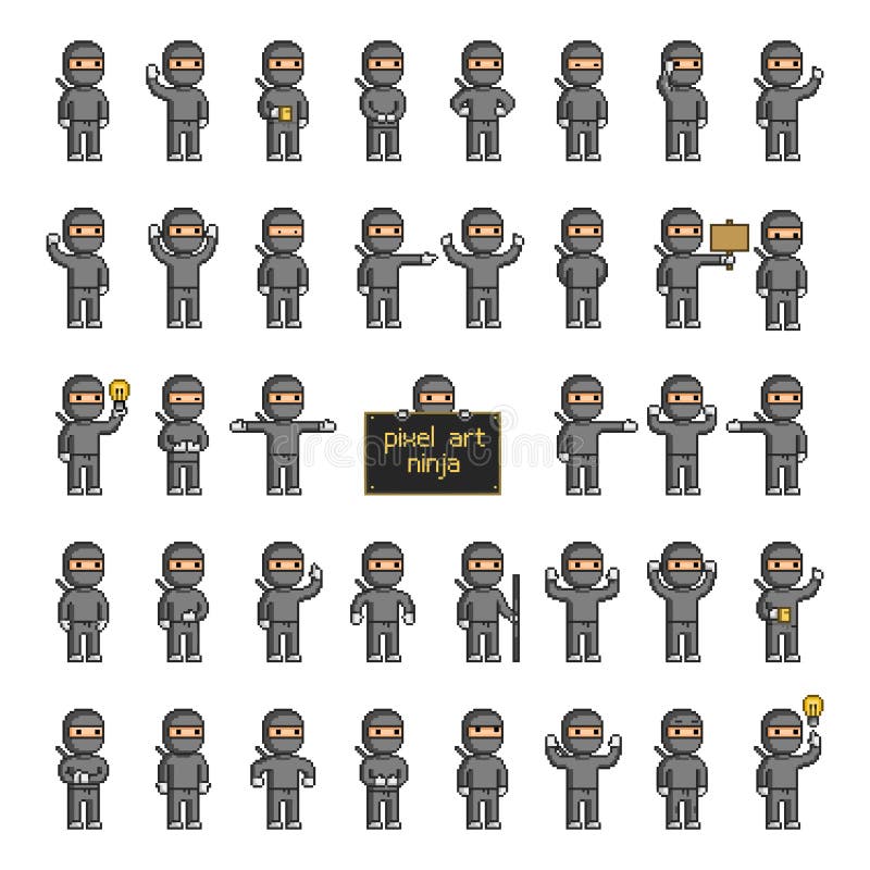 Pixel Little Black Ninja Set Stock Illustration - Illustration of ...