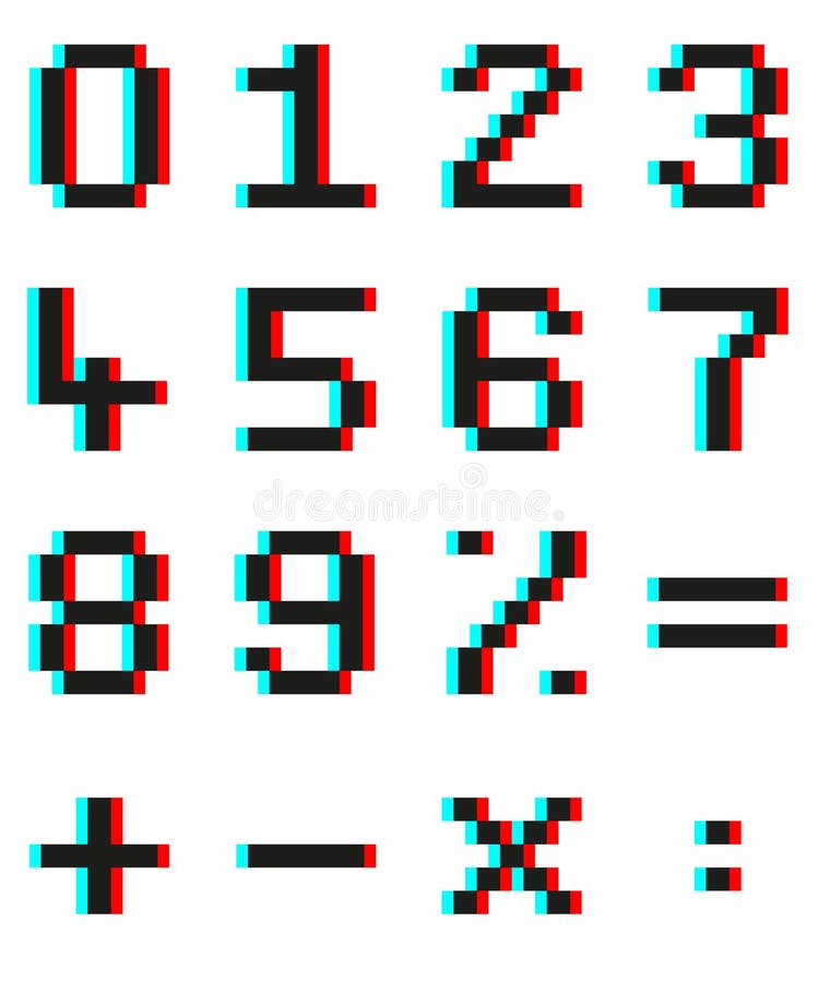 Pixel Numbers and Mathematical Signs with Anaglyph 3d Effect Stock ...