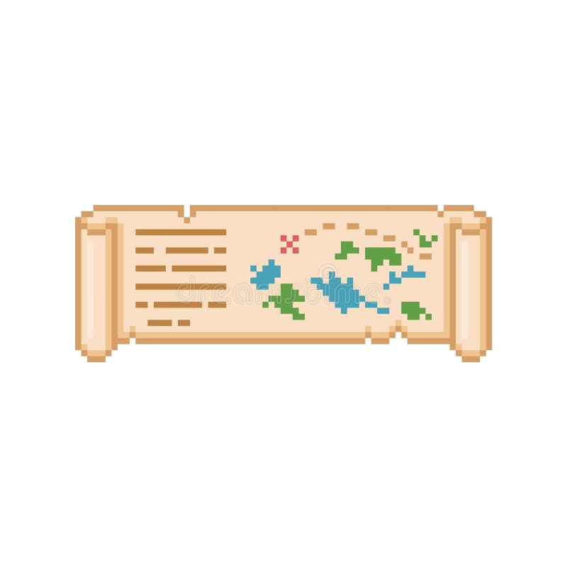 Pixel Old Torn Parchment with Map, with Curled Edges. Stock ...