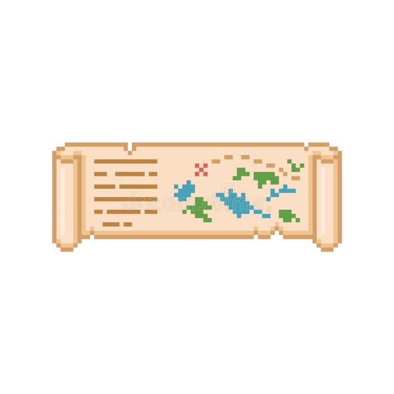 Pixel Old Torn Parchment with Map, with Curled Edges. Stock ...