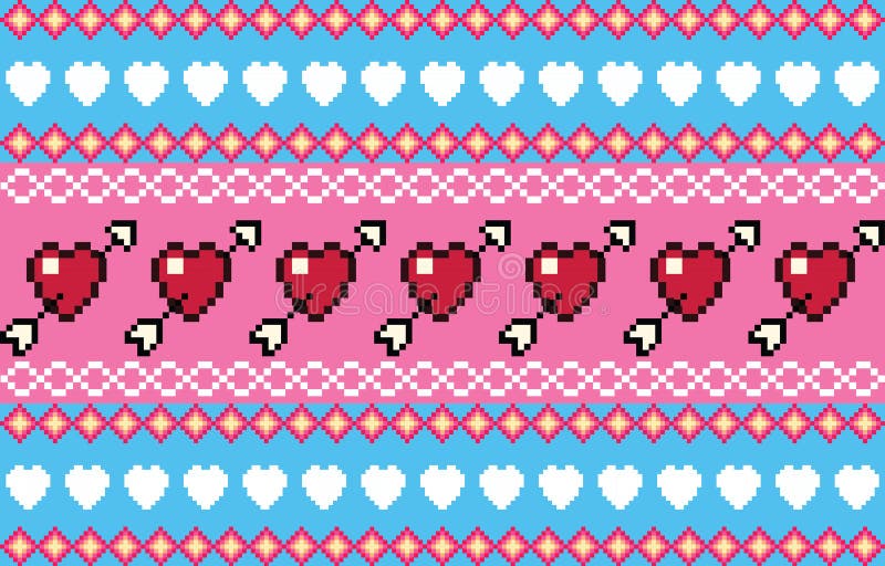 Repeating Pixel Pattern Featuring Red Hearts Pierced by Arrows, White ...
