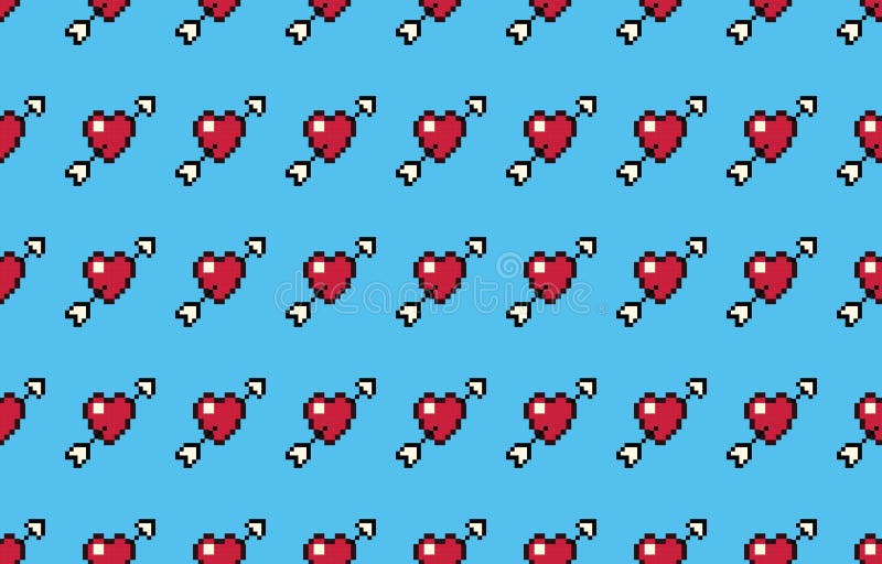 Repeating Pixel Pattern Featuring Bright Red Hearts with White Arrows ...