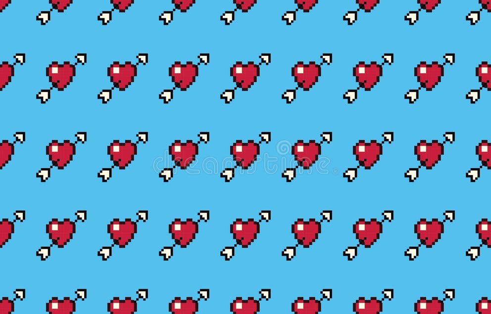 Repeating Pixel Pattern Featuring Bright Red Hearts with White Arrows ...