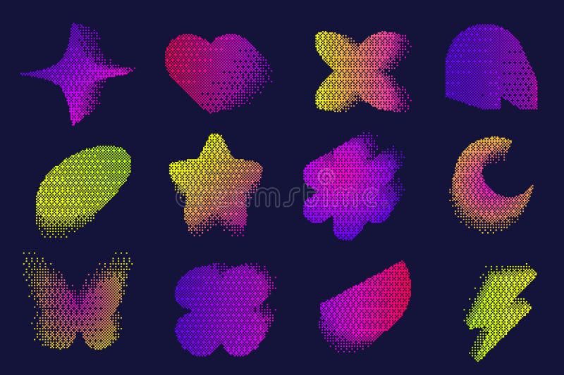 Pixel Pattern Shapes. Textured Heart Flower and Star with Bitmap Y2k ...