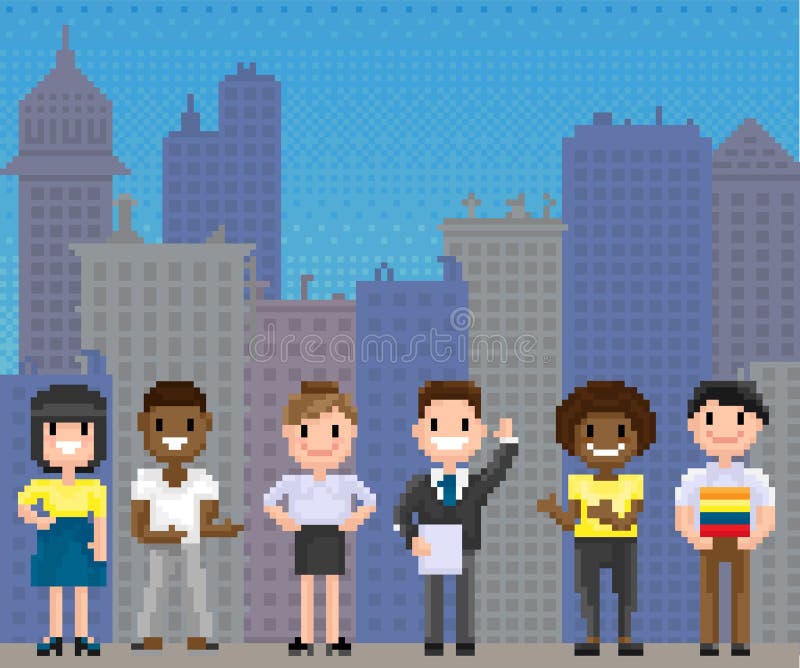 Pixel People For Old Game Layout Stand Against Background Of Cityscape ...