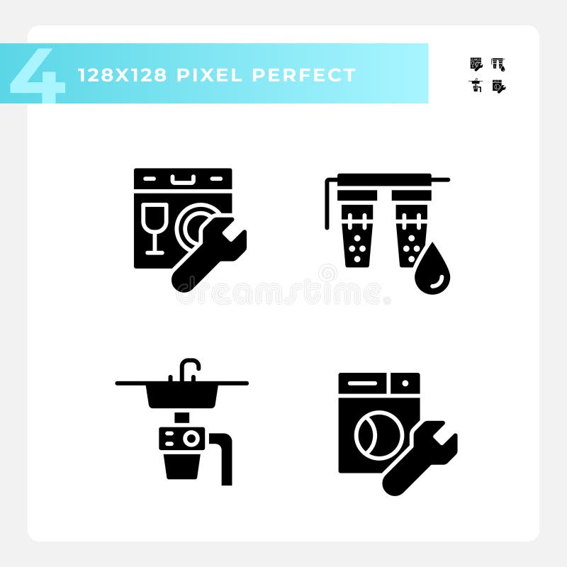 Pixel Perfect Glyph Style Plumbing Solid Icons Set Stock Vector ...