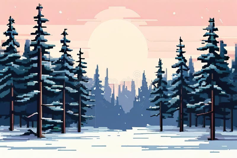 Pixel Pine Forest a Series of Pixelated Pine Trees in a Snowy Se Stock ...
