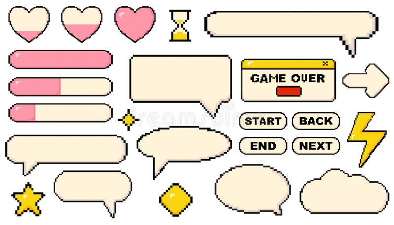 Pixel Dialogue Boxes, Speech Bubbles, Buttons, Letters and Numbers, Retro Game Icons Stock ...