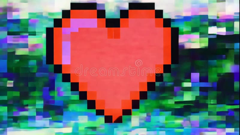 Pixel Red Heart on Colorful Glitch Background in Retro 8 Bit Style with ...