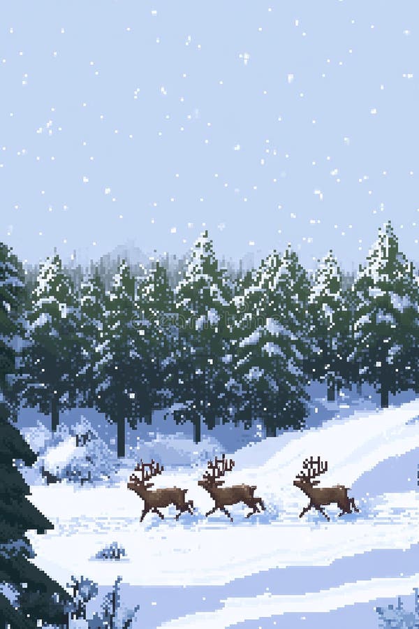 Pixel Reindeer Herd Running Across a Snowy 8-bit Landscape. Stock ...