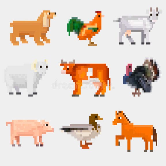 Pixel Set of Pets, Farm Animals. 8 Bits 16 Bits. Retro Game Stock ...