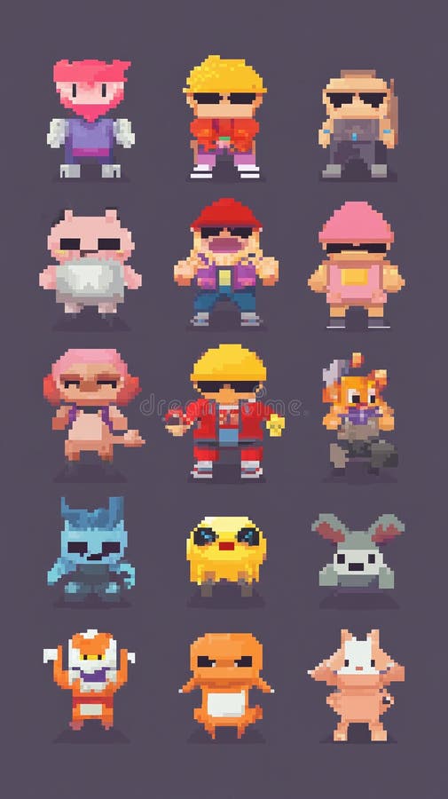 Pixel Set of Retro Arcade Game Characters with Vibrant Colors and ...