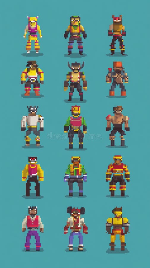 Pixel Set of Retro Arcade Game Characters with Vibrant Colors and ...