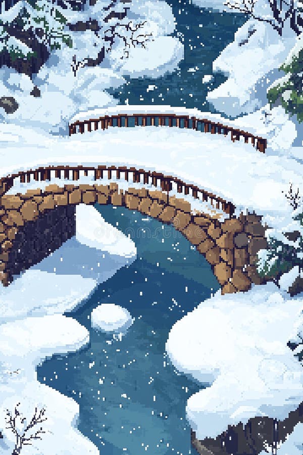 Pixel Snow-covered Bridge Over a Frozen River. Stock Illustration ...