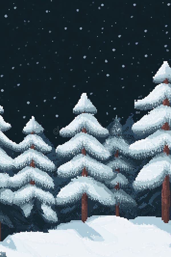 Pixel Snow-covered Pine Trees Under a Starry Winter Sky. Stock ...
