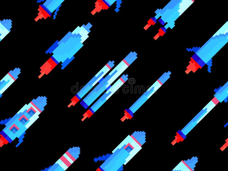 Pixel Spaceships Seamless Pattern. Space Rockets in 8-bit Retro Graphic ...