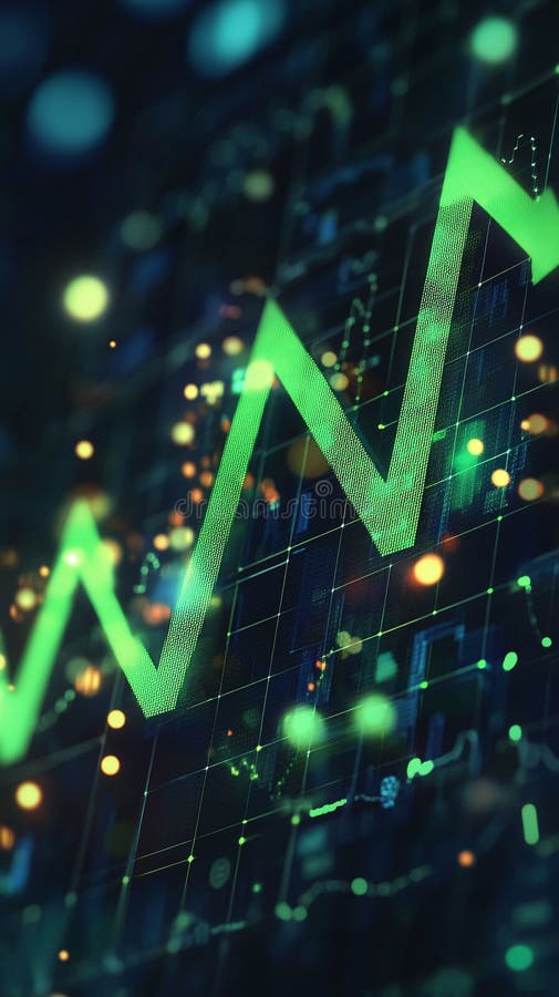 Pixel Stock Market Graph with Green Arrows Pointing Upwards and Glowing ...