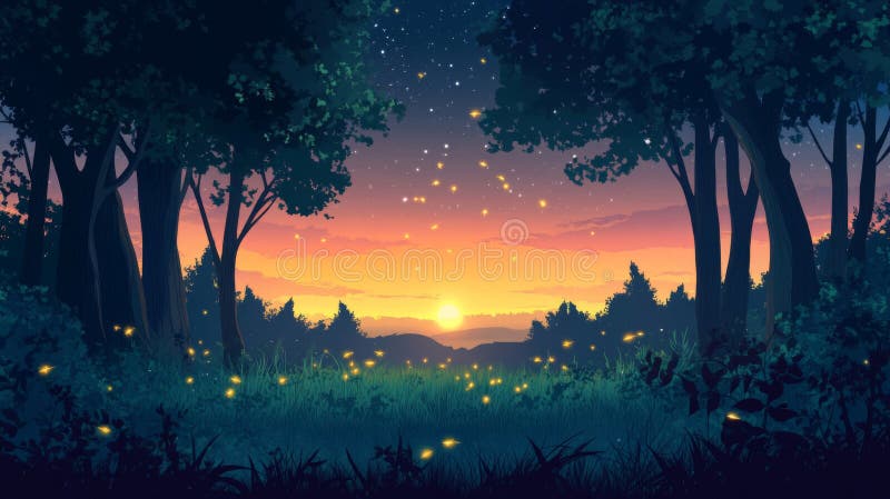 Pixel Sunset in a Firefly Forest Stock Illustration - Illustration of ...
