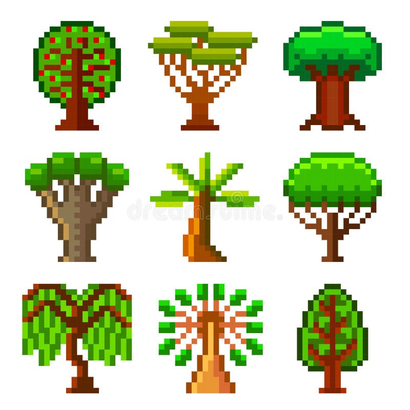 Pixel Trees for Games Icons Vector Set Stock Vector - Illustration of ...