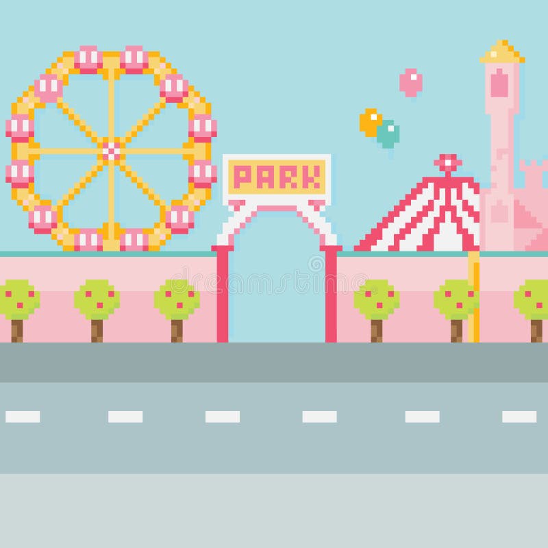 Pixel Park. Retro 8 Bit Game Blue Sky, Pixels Trees And Parks Bench ...