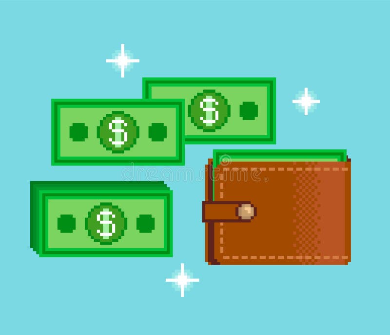 Pixel Wallet and Money Icon on Blue Stock Vector - Illustration of ...