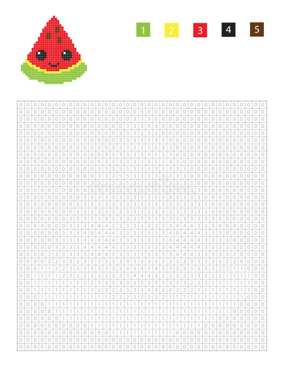 Number Game. Pixel Coloring Page with Cute Watermelon, Vector ...