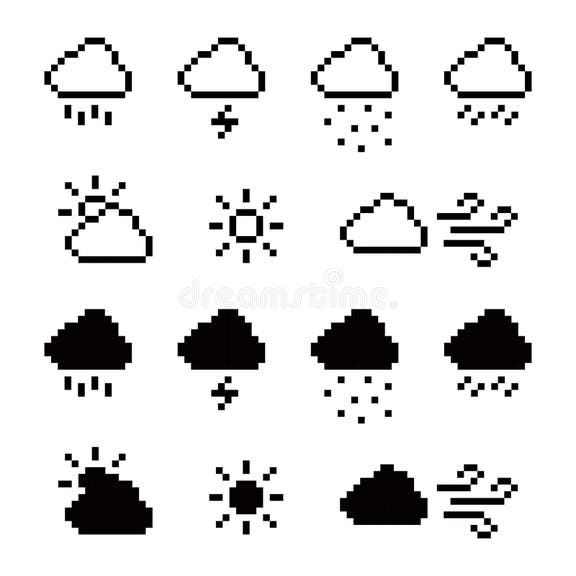 Pixel Weather Icon Set Featuring Rain, Sun, Wind, Cloud, and Storm in ...