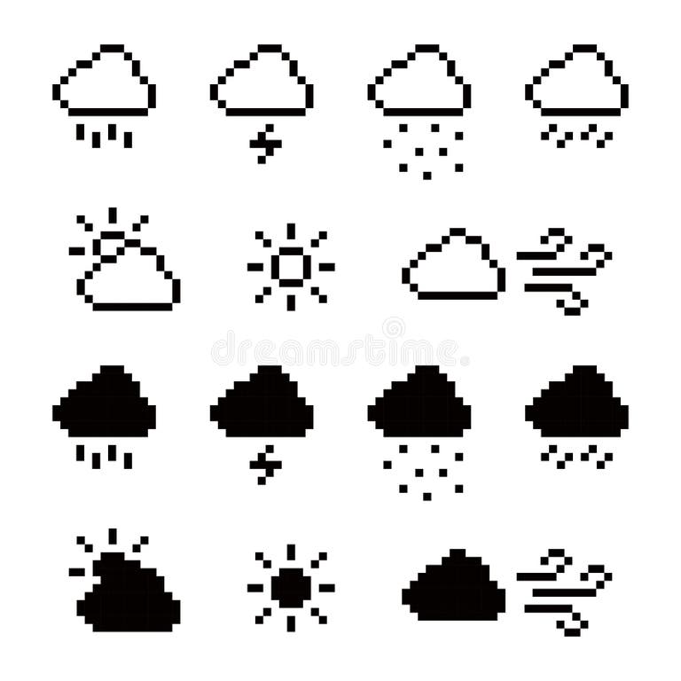 Pixel Weather Icon Set Featuring Rain, Sun, Wind, Cloud, and Storm in ...
