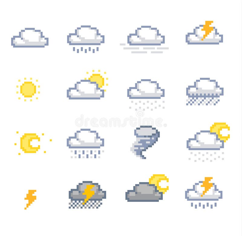 8-bit Pixel Weather Symbols: Sun, Rain, Snow, Thunder Stock Vector ...