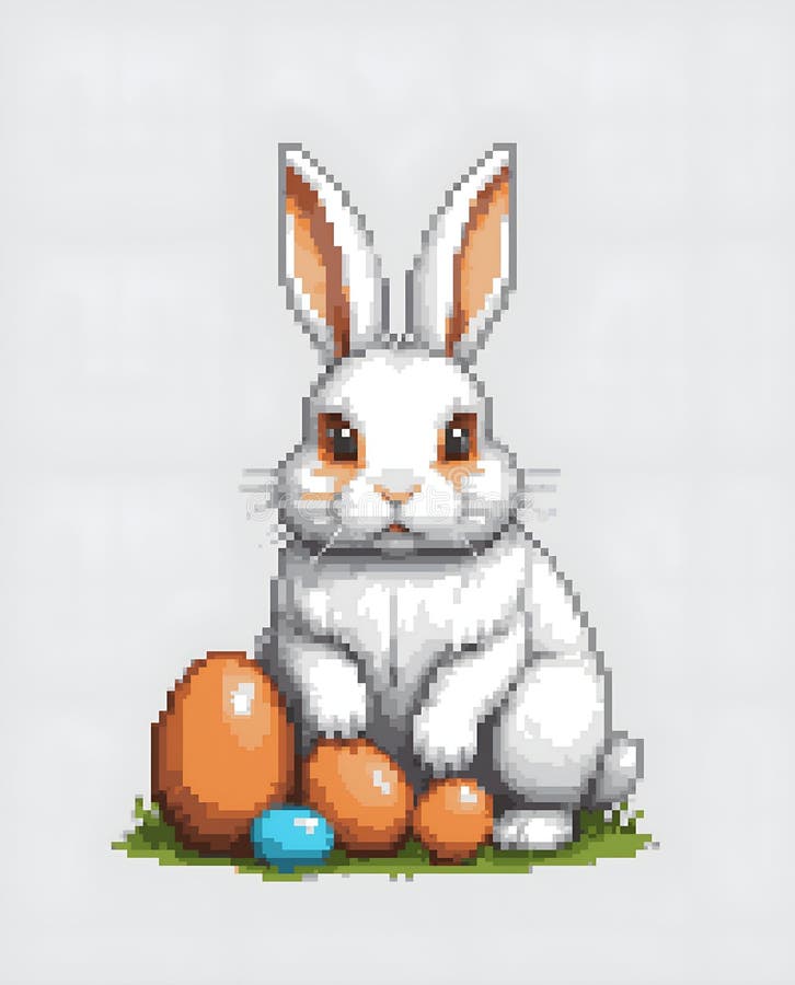 Pixel White Rabbit with Easter Eggs Sitting on Grass. Illustration ...