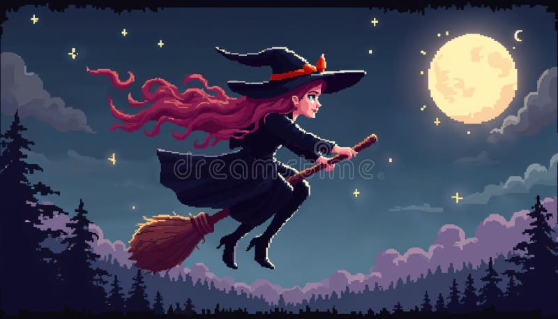 Pixel Witch on a Night Flight Stock Illustration - Illustration of witch, enchantment: 359335158