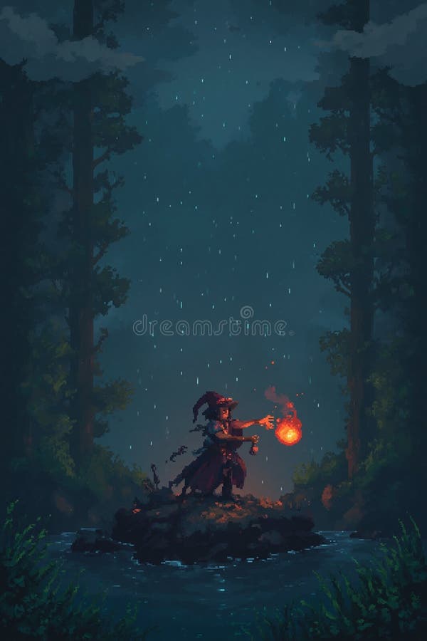 Pixel Wizard with Fireball: Forest Night Stock Illustration ...