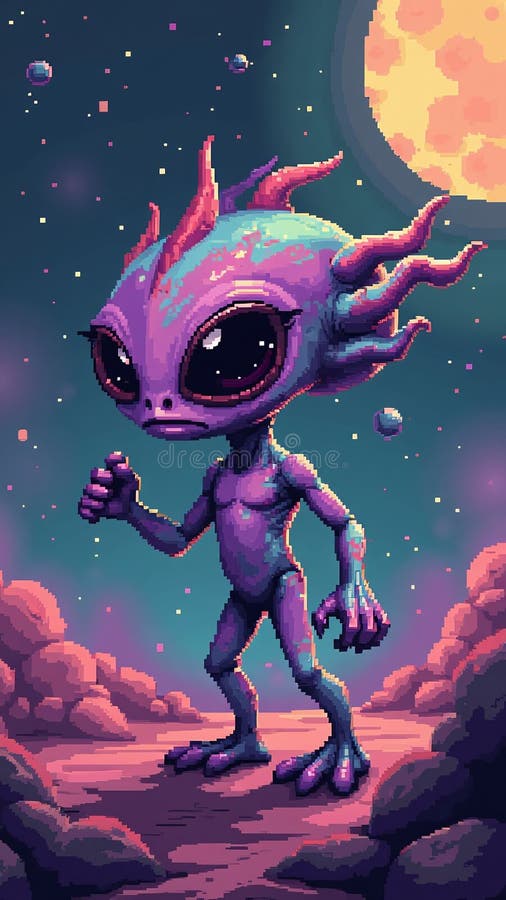 Pixelated Alien with Colorful Skin and Antennae in a Quirky Pose Set in ...