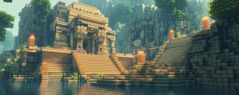 Pixelated Ancient Temple with Blocky Stone Structure Near Water ...