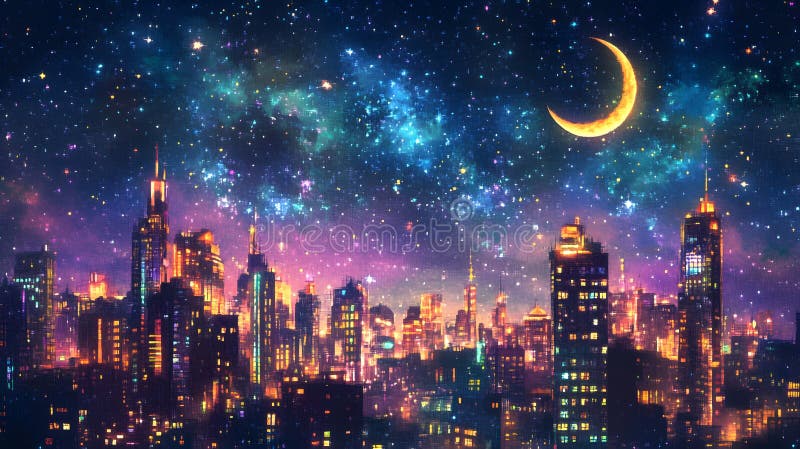 Pixelated Art of City Skyline at Night with Glowing Windows and Neon ...